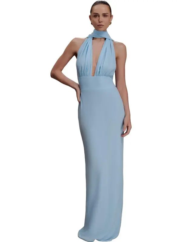 Meshki Nadine Halter Chiffon Maxi Dress - Blue