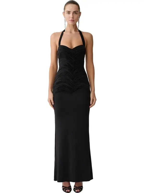 Meshki Hoai Gathered Slinky Halter Maxi Dress - Black