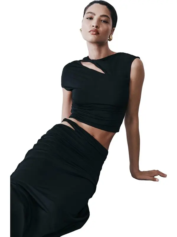 Meshki Haven Slinky Twist Midi Skirt - Black