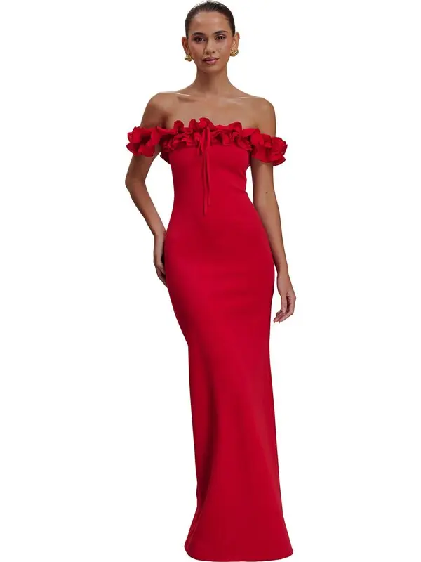 Meshki Nova Ruffle Off Shoulder Maxi Dress - Ruby Red