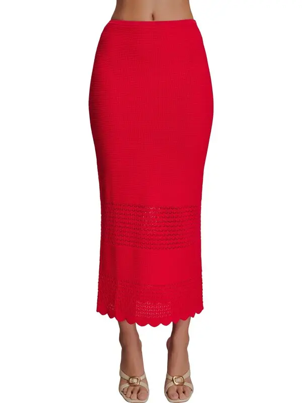 Meshki Madeline Scallop Knit Midi Skirt - Red