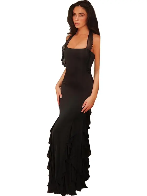 Meshki Etta Ruffle Slinky Maxi Dress - Black