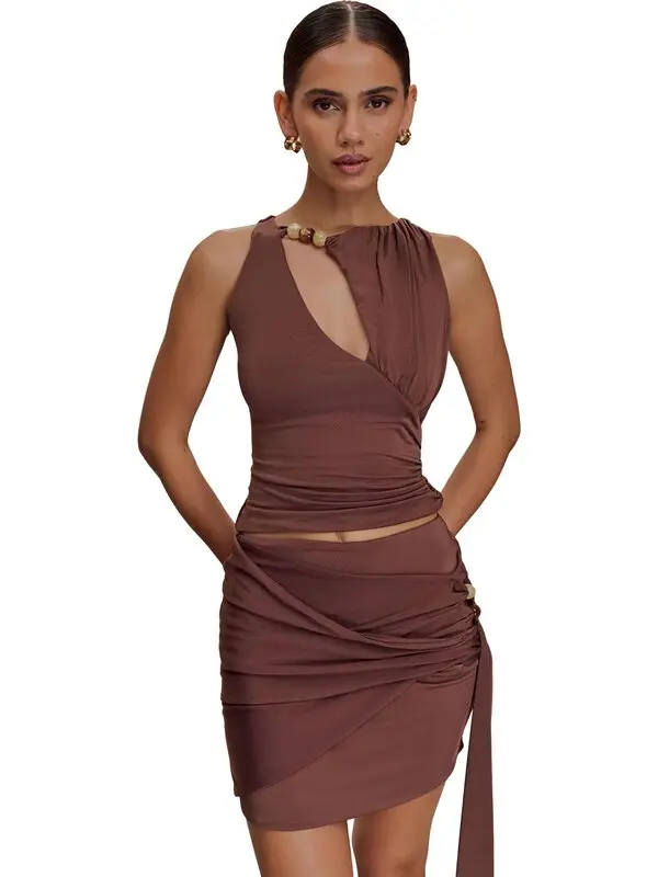 Meshki Alicent Slinky Beaded Top - Chocolate