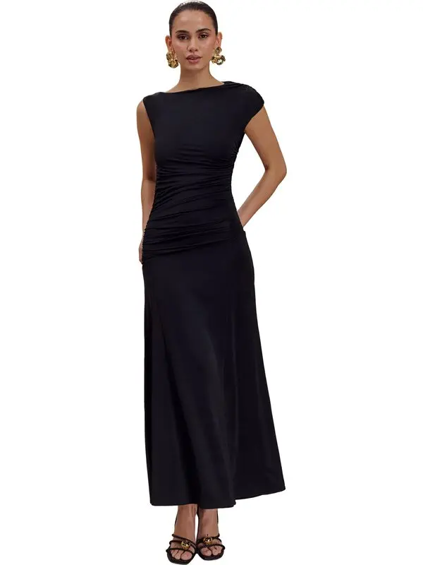 Meshki Navanna Asymmetric Slinky Midi Dress - Black