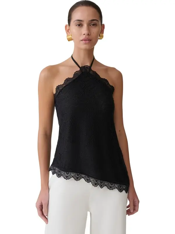 Meshki Theodosia Asymmetric Lace Halter Top - Black