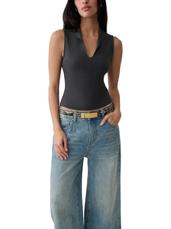 Meshki Myrtle Ribbed Sleeveless Lapel Top - Grey