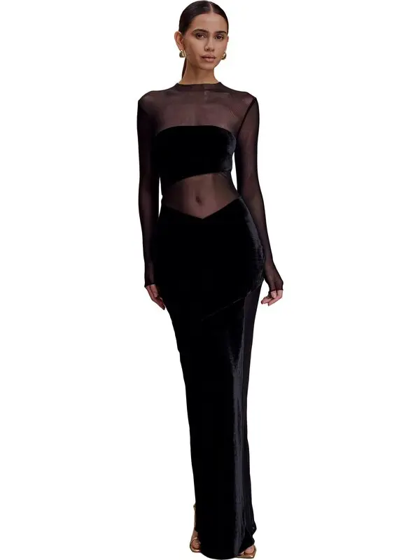 Meshki Davina Velvet And Mesh Maxi Dress - Black