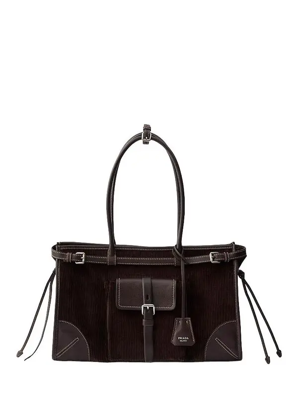 Prada Bonnie Large Corduroy And Leather Handbag - Ebony