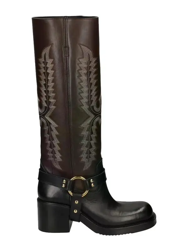 Elena Iachi Embroidered Leather Boots - Brown