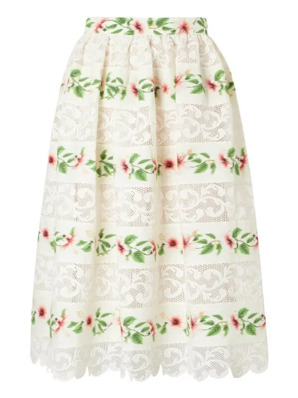 Oscar De La Renta Floral-print Lace-trimmed Cotton-blend Midi Skirt - No