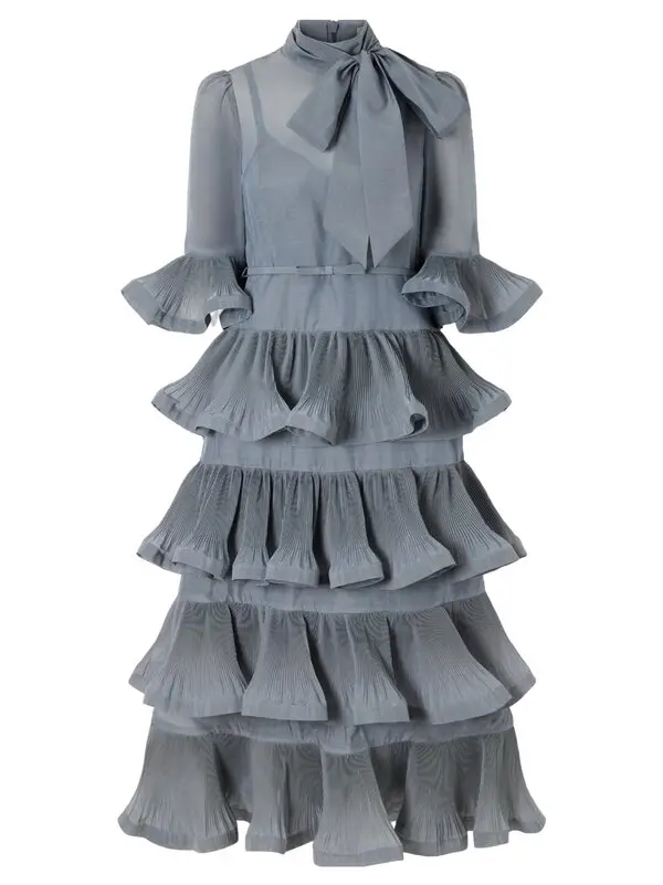 Zimmermann Pussy-bow Ruched Tiered Plissè Organza Midi Dress - Gray