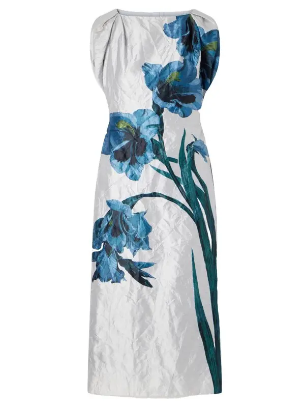 Erdem Floral-print Textured Satin Midi Dress - Gray