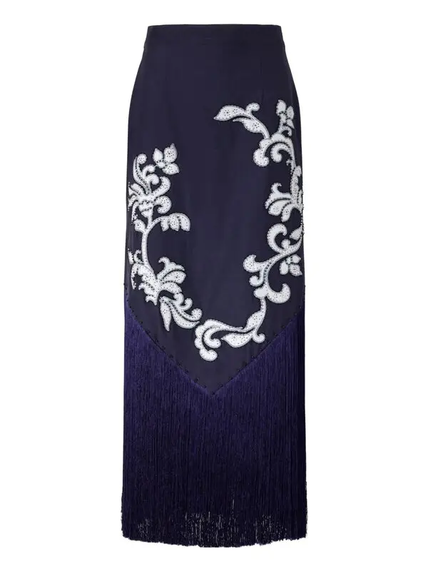 ALEMAIS Dillon Crystal And Bead-embellished Fringed Appliquéd Satin Midi Skirt - No