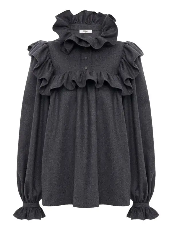 Chloé Ruffled High-neck Blouse - Patterned Grey