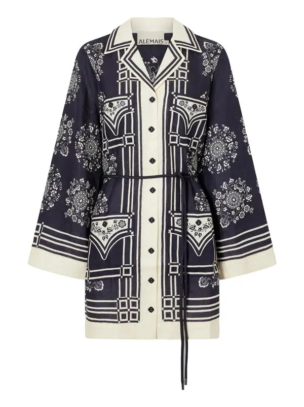 ALEMAIS Belted Printed Linen Mini Dress - Black