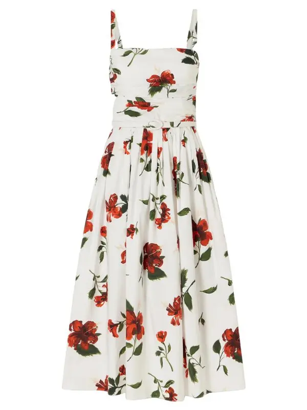 Oscar De La Renta Belted Pleated Floral-print Cotton-blend Poplin Midi Dress - No