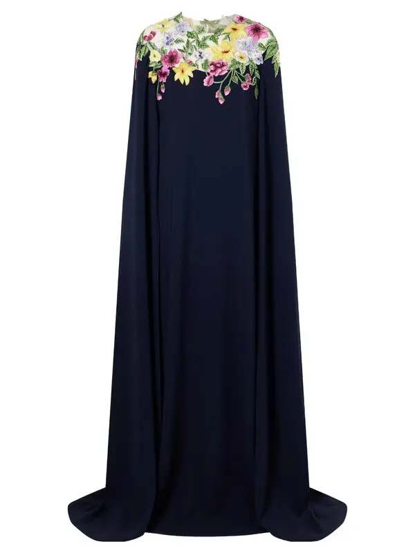 Oscar De La Renta Cape-effect Floral-embroidered Silk-blend Georgette Gown - No