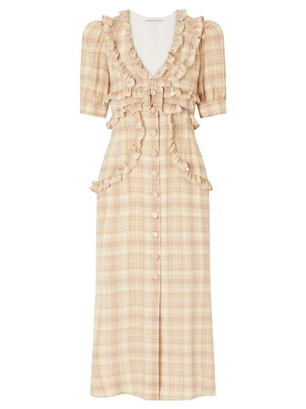 Alessandra Rich Ruffled Checked Silk Midi Dress - No