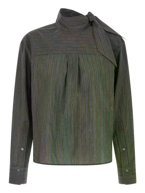 TELA Striped Tie-neck Blouse - Grey