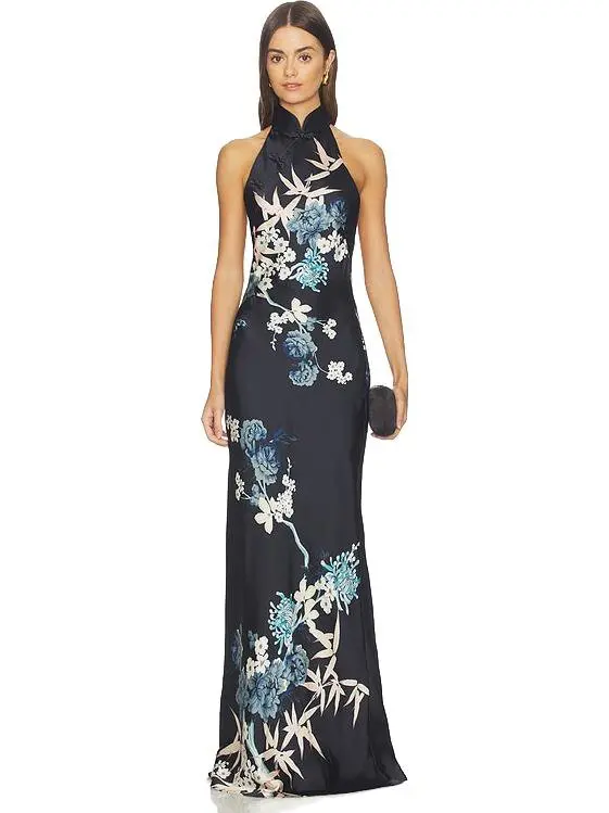 SAU LEE Gillian Satin Gown In Black - Black Multi