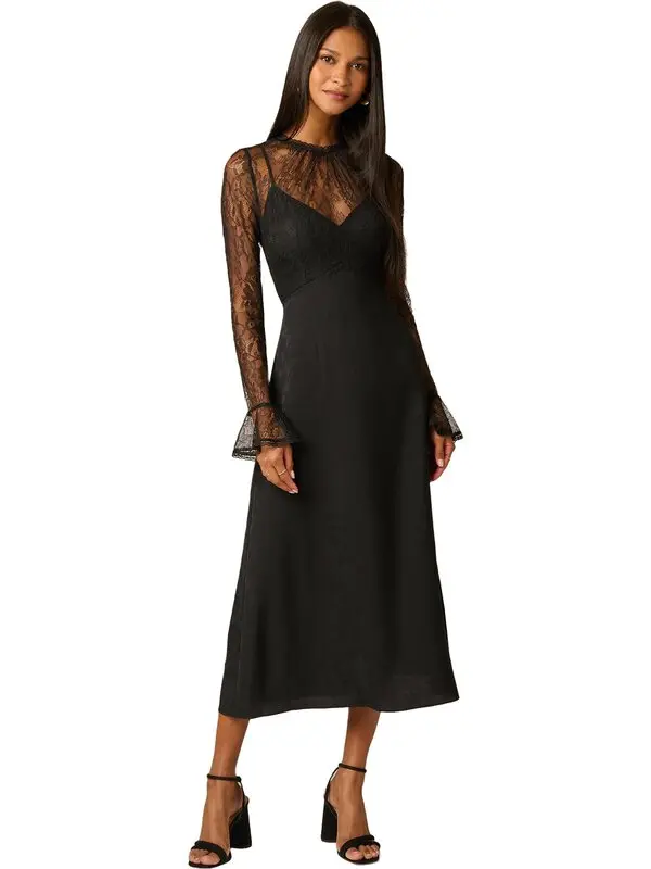 Adrianna Papell Long Sleeve Satin Lace Ankle Length Combo Dress - Black