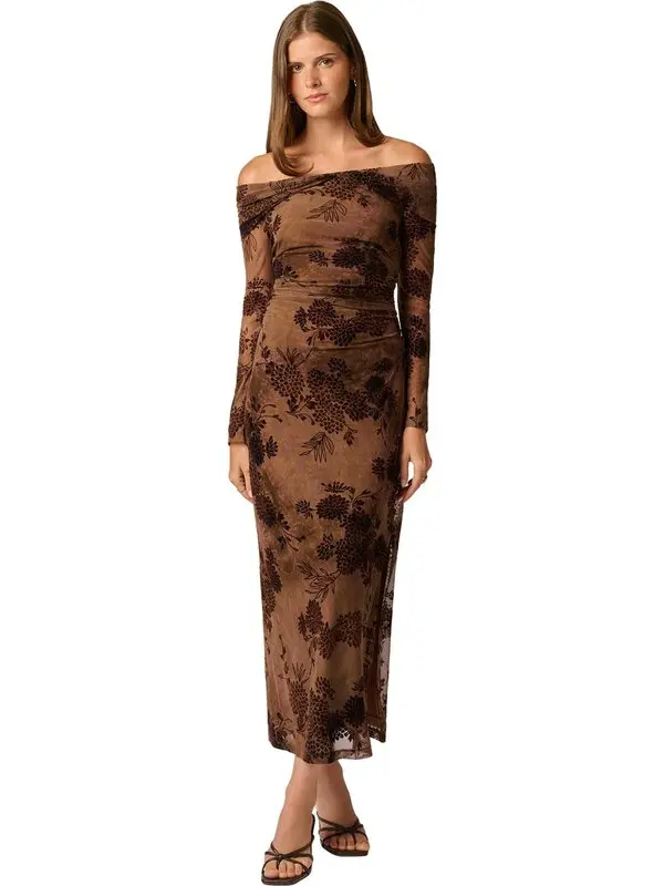 Adrianna Papell Long Sleeve Off Shoulder Chrysanthemum Floral Velvet Burnout Dress - Chocolate