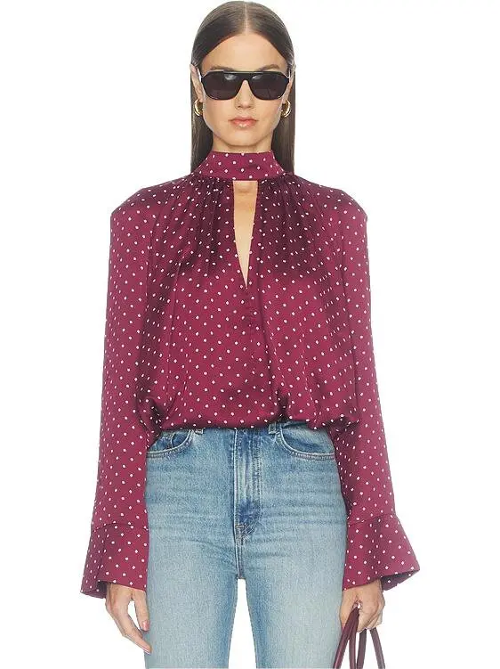 ROTATE BY BIRGER CHRISTENSEN Dot Satin Bow Shirt In Wine - Winetasting Combo