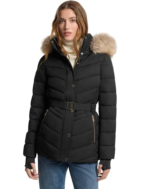 Michael Kors Faux Fur Trim Packable Quilted Puffer Jacket In Size By - Black