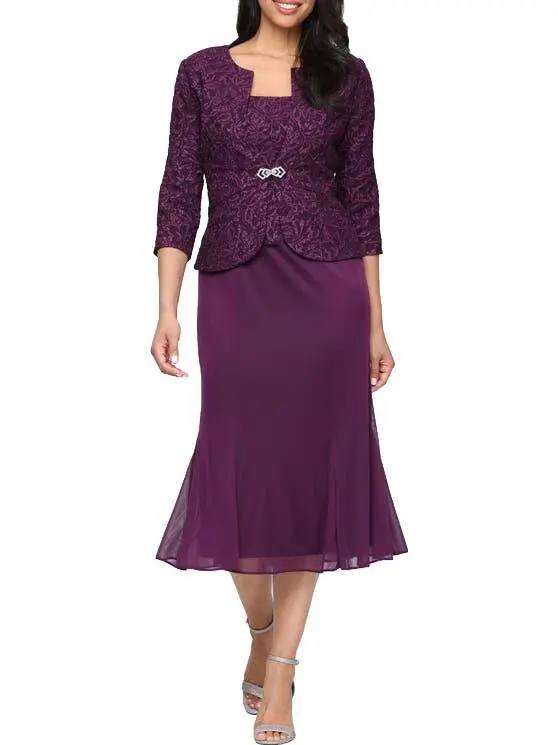 Alex Evenings Mixed Media Cocktail Dress & Jacket Set - Plum