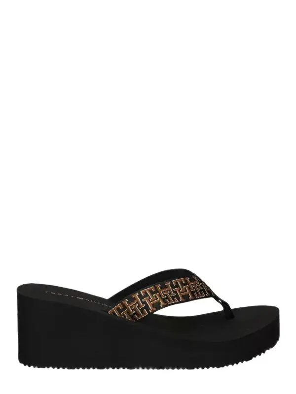 Tommy Hilfiger Th Monogram-print Wedge Flip-flops - Black