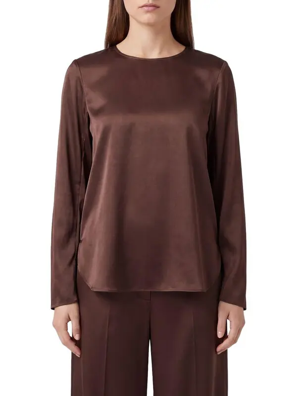 Max Mara Long-sleeved Silk Blouse With Crew Neck And Teardrop Fastening - Dark
