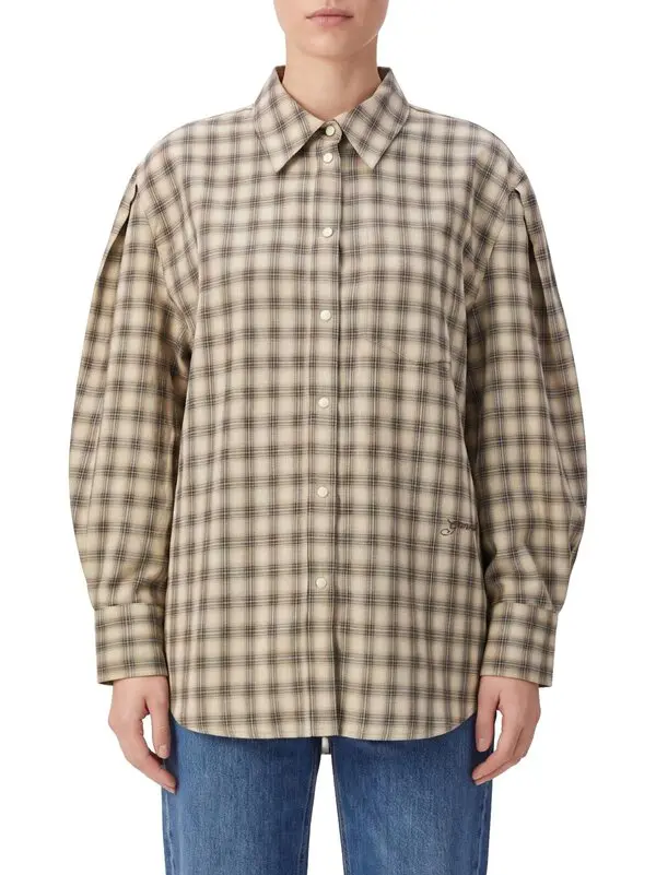 GANNI Check Cotton Shirt With Balloon Sleeves And Dropped Shoulders - Grey