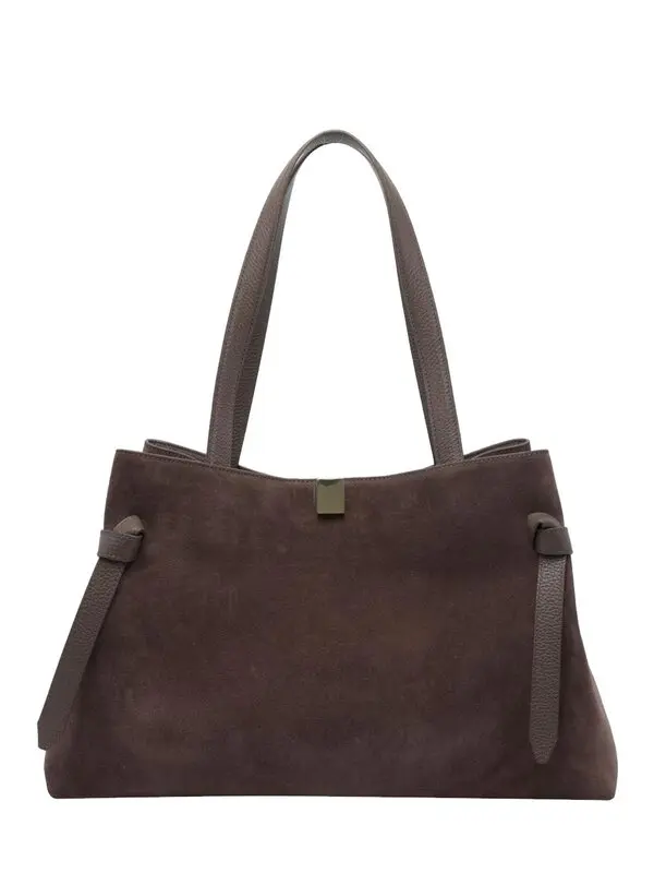 Yuzefi Gyoza Suede Calfskin Leather Tote Bag With Double Handle - Brown