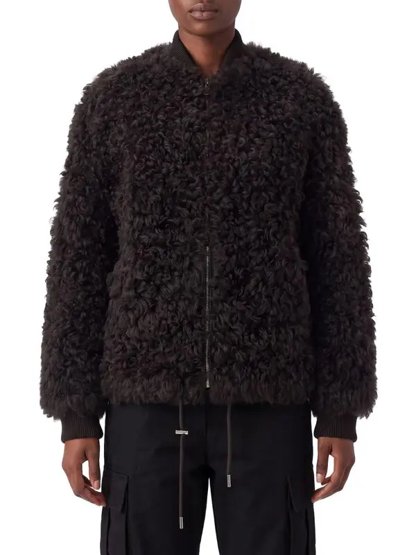 SWORD 6644 Short Sheepskin Bomber Jacket With High Collar And Zip Closure - Black