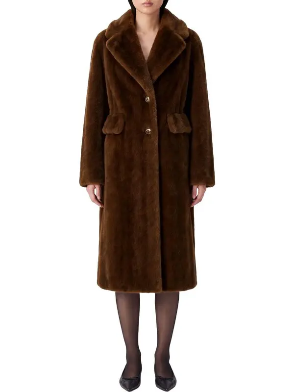 SWORD 6644 Long Single-breasted Faux Fur Coat With Button Closure - Brown
