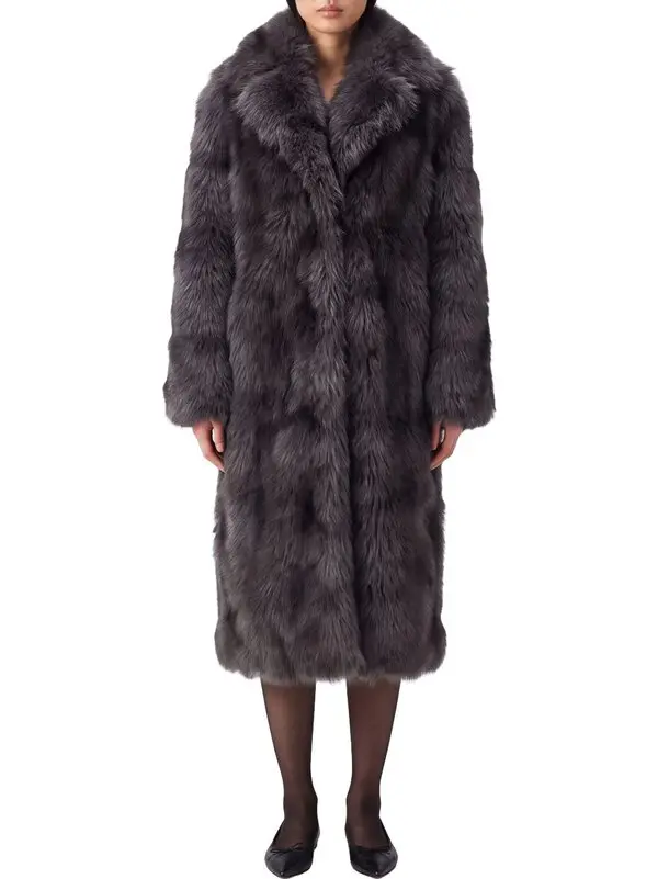 SWORD 6644 Long Single-breasted Faux Fur Coat With A Relaxed Fit - Grey