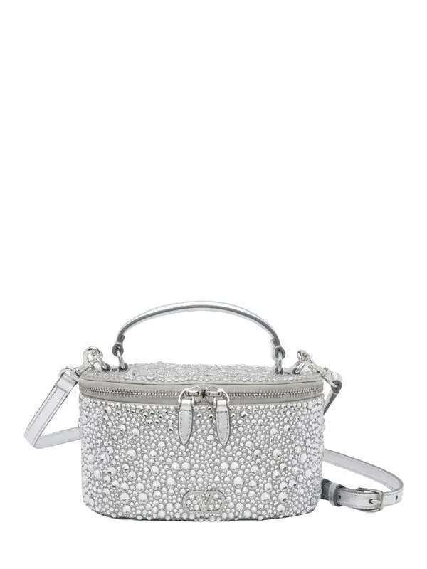 Valentino Garavani Vlogo Signature Mini Bag In Silk Satin With Rhinestones - Silver