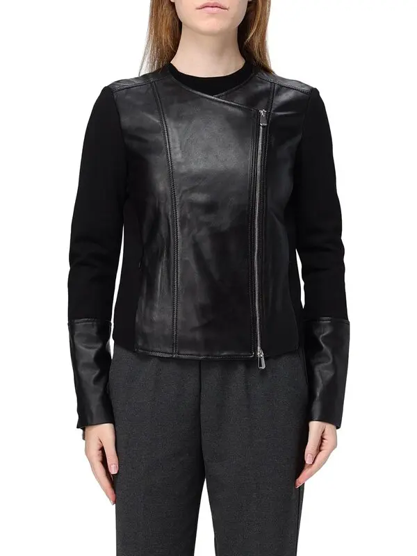 Pinko Cropped Leather Biker Jacket With An Asymmetrical Zip Closure - Black