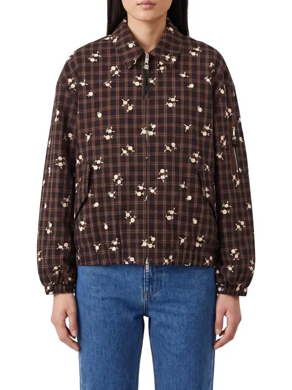 GANNI Check And Floral-embroidered Organic Cotton Bomber Jacket - Brown