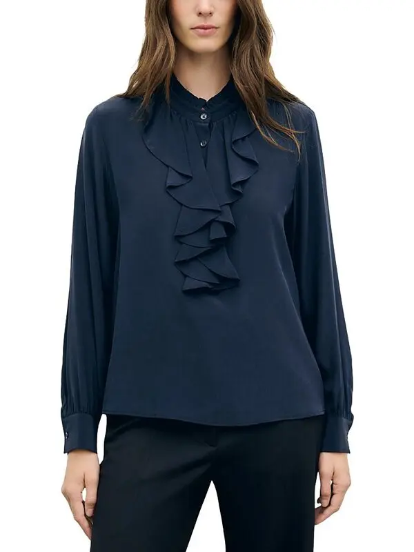 Gerard Darel Loan Silk Ruffle Front Top - Navy