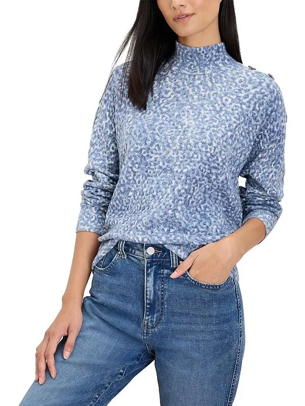 NIC+ZOE Cheetah Print Mock Neck Sweater - Blue Multi