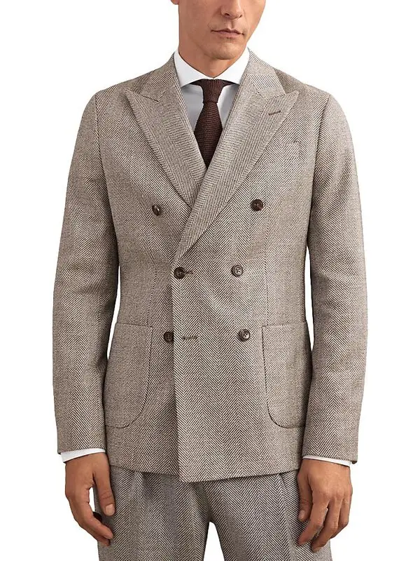 REISS Pinto Double Breasted Wool Blend Herringbone Blazer - Brown