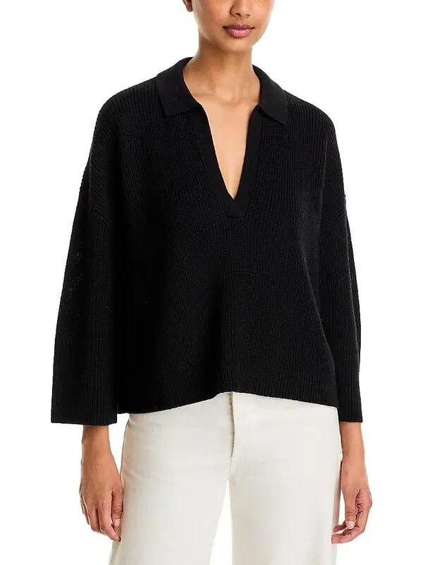 Eileen Fisher Wool Johnny Collar Sweater - Black