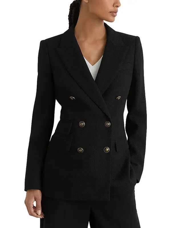 REISS Petite Lauryn Herringbone Wool Double Breasted Blazer - Black