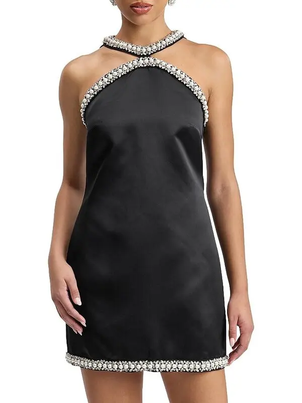 Avec Les Filles Jewel Embellished Halter Mini Dress - Black