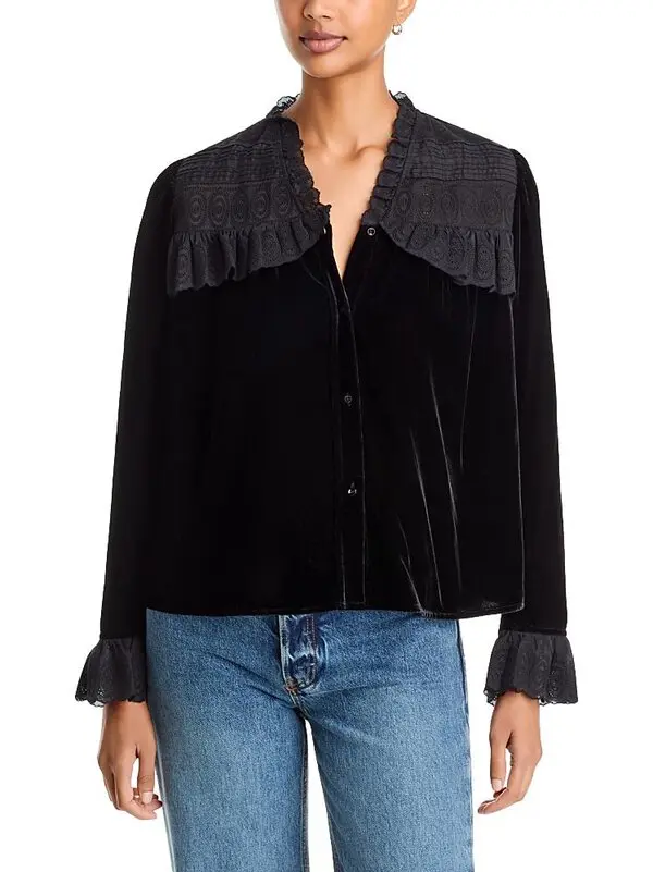 Johnny Was Margeorie Velvet Lace Trim Blouse - Black