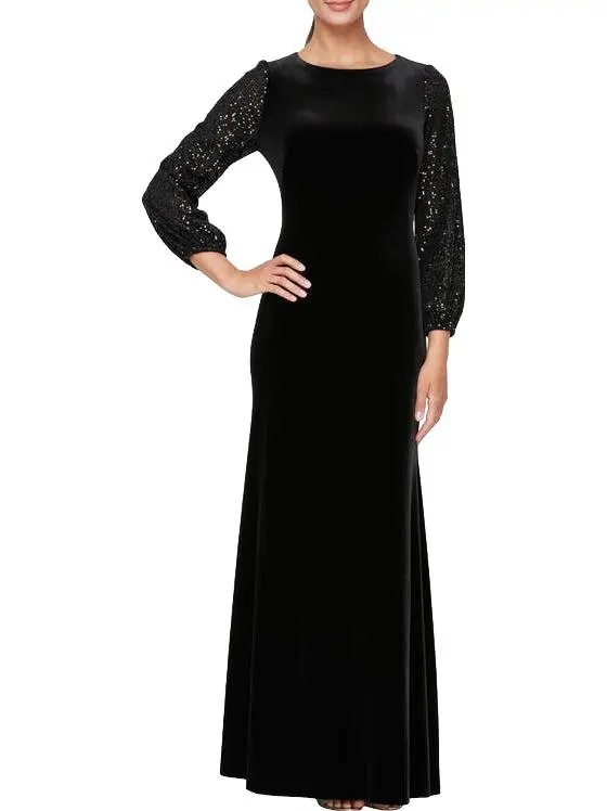 Alex Evenings Sequin Detail Long Sleeve Velvet Gown - Black