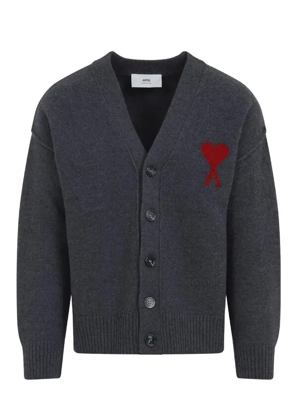 AMI Paris V-neck Contrast Logo Cardigan - Htrgreyred