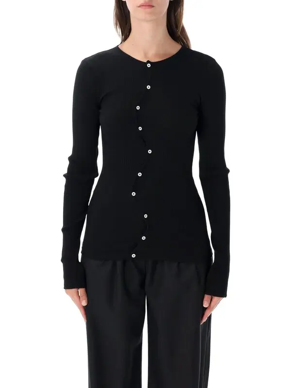 OPERASPORT Ribbed Button-front Long Sleeve Cardigan Top - Nero