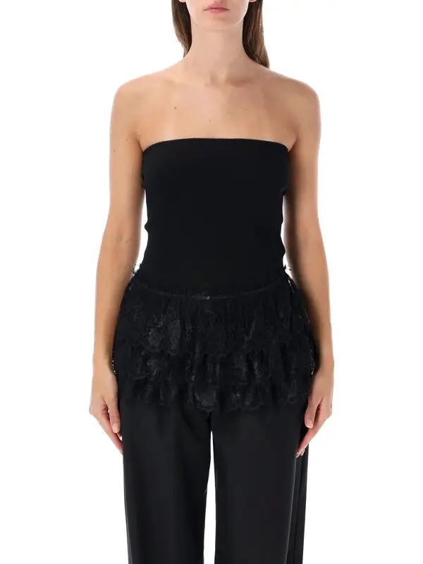 OPERASPORT Strapless Ribbed Lace Peplum Top - Nero